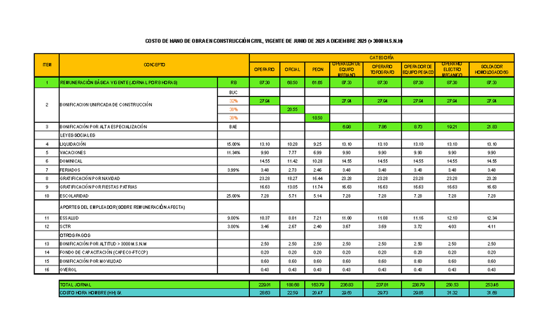 Costo HORA Hombre Junio A Diciembre DE 2024-2025 Mayor A 3000MSNM ...