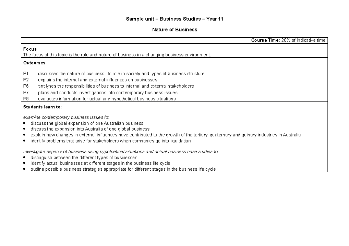 Business Studies Year 11: Exploring Nature of Business Unit - Studocu