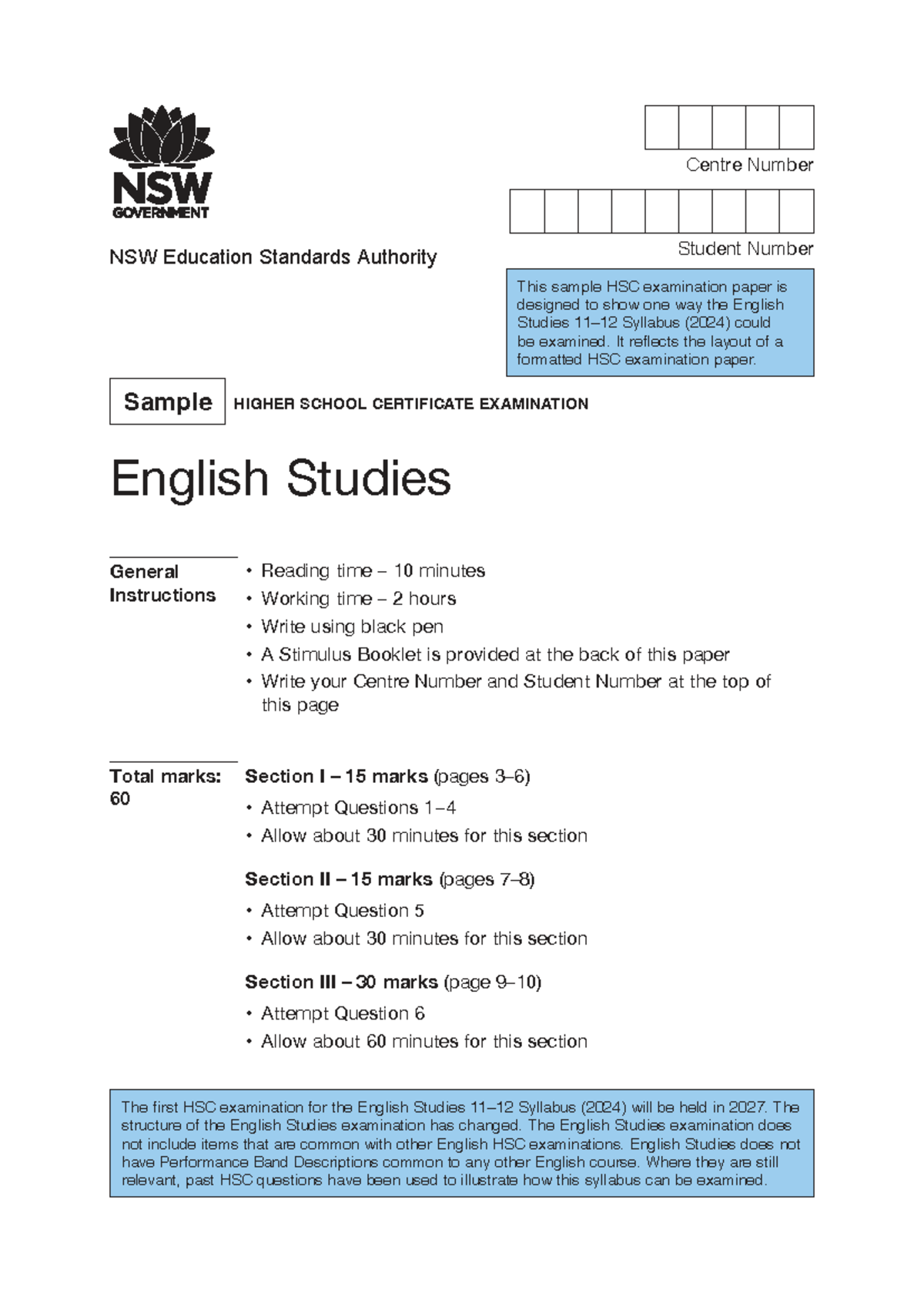 English Studies HSC 2024 Sample Exam Materials and Guidelines - Studocu