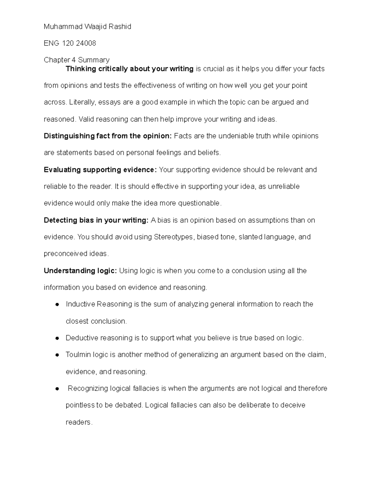 ENG 120 Chapter 4 Summary: Critical Thinking in Writing - Studocu