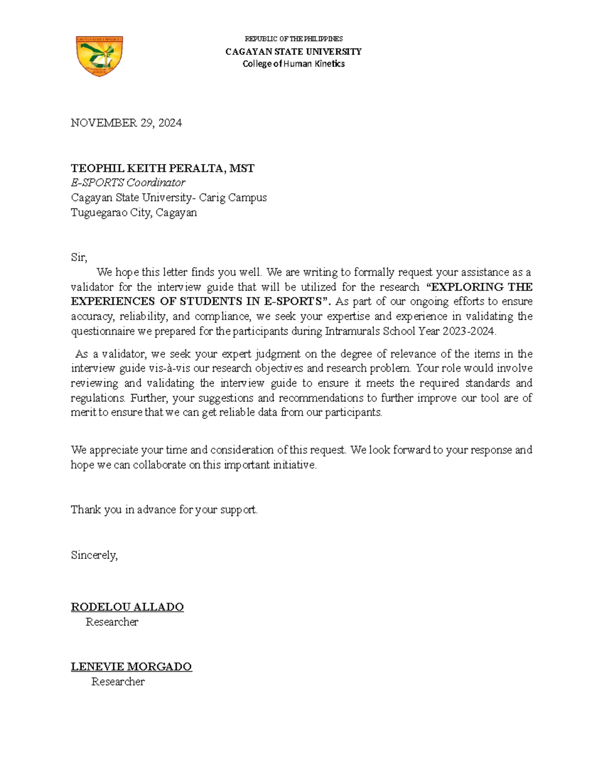 Letter For Validation - CAGAYAN STATE UNIVERSITY College of Human ...