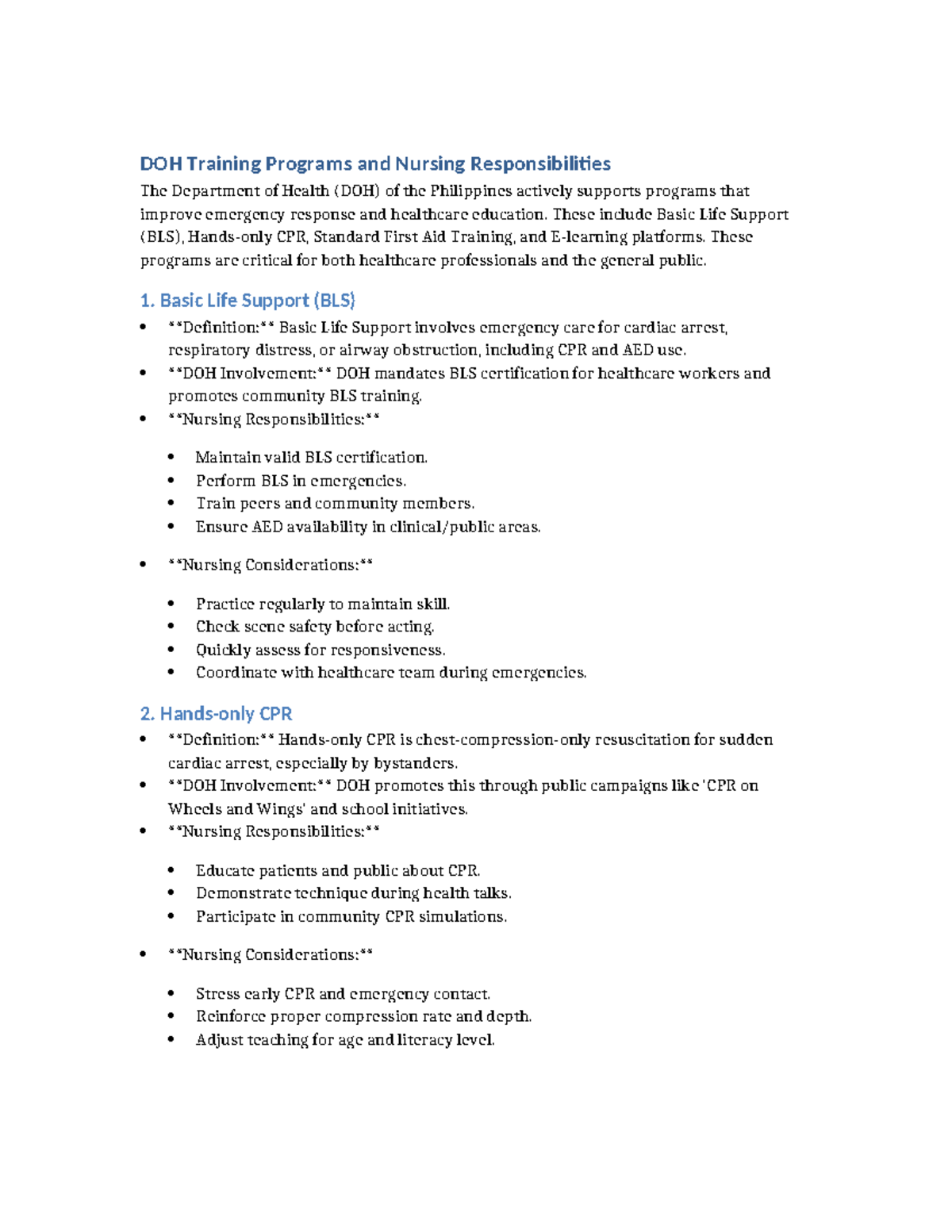 DOH Training Programs: Nursing Responsibilities Handout - Studocu