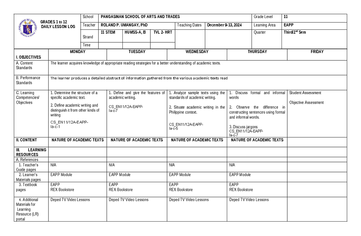 EAPP Grade 11 Daily Lesson Log: Strategies for Academic Writing - Studocu