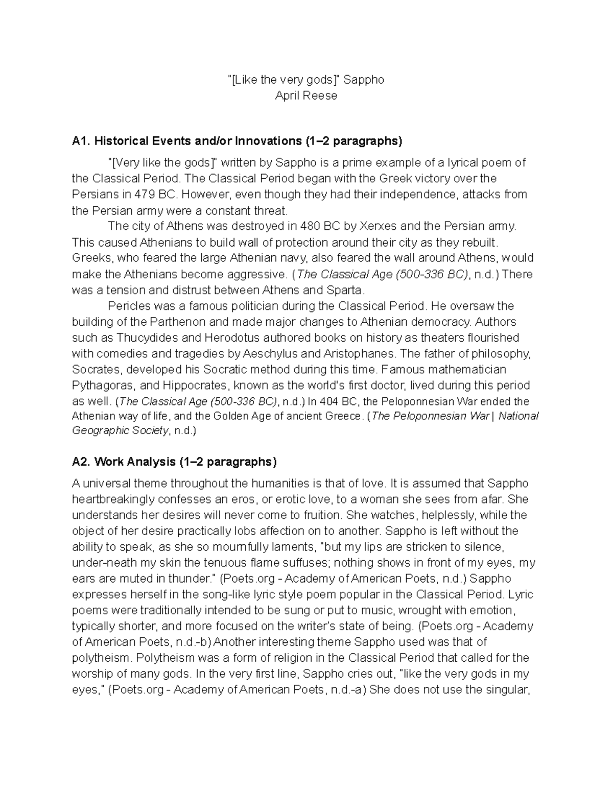 Humanities C 100task - “[Like the very gods]” Sappho April Reese A1 ...