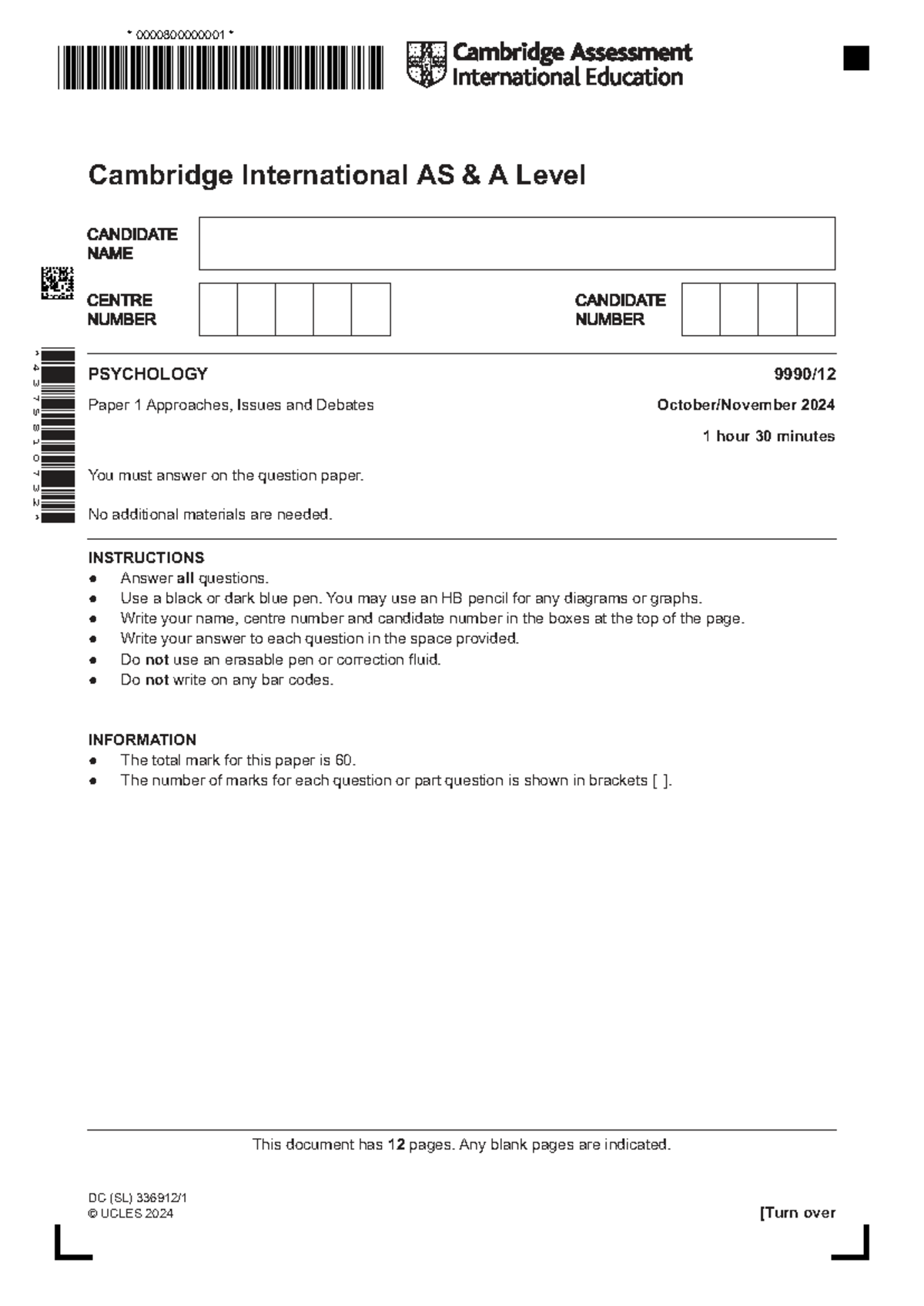 Cambridge International AS A Level 9990 Psychology Paper 1: Approaches ...