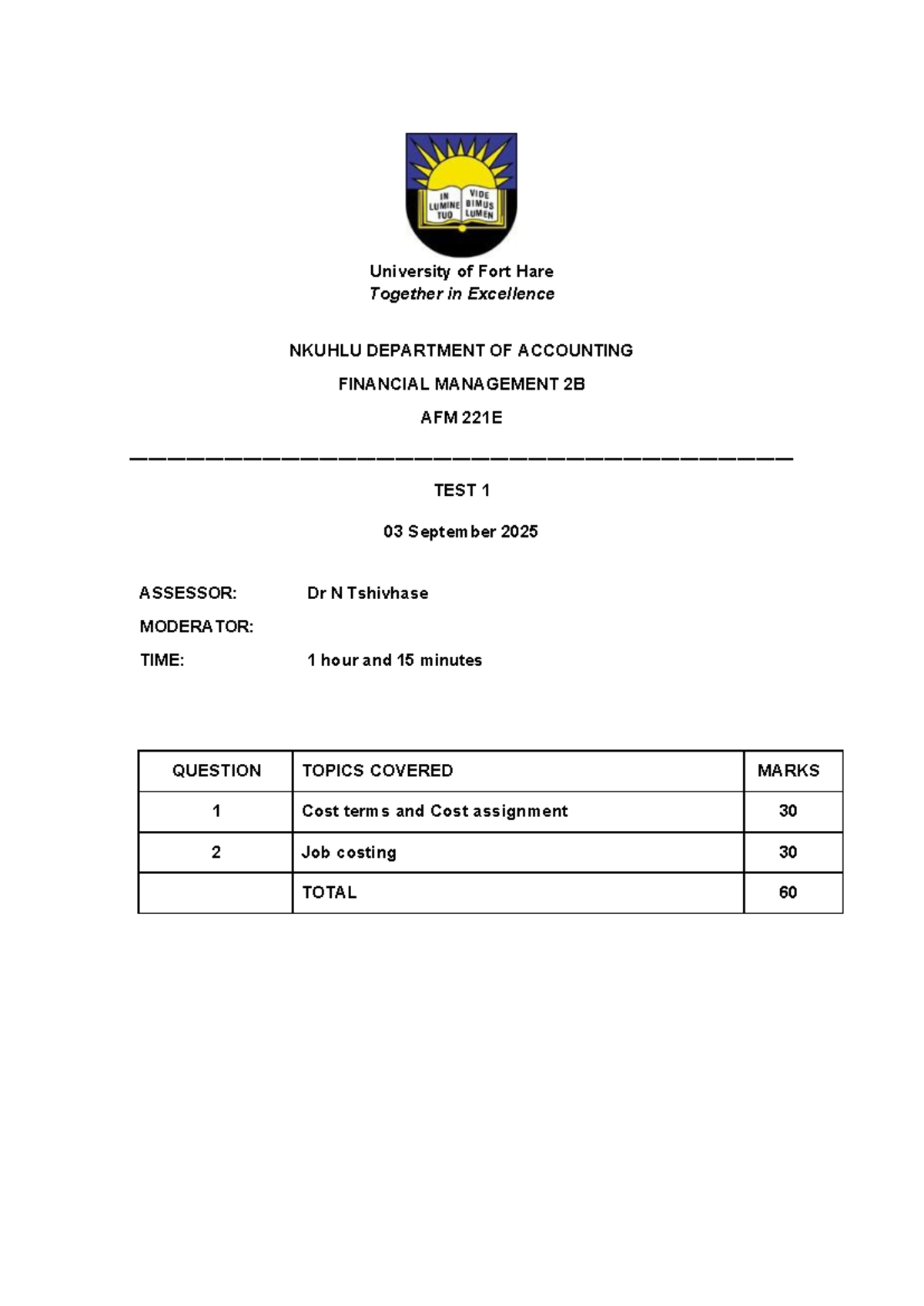 AFM 221E 2025 Test 1: Costing & Job Assignment Analysis - Studocu