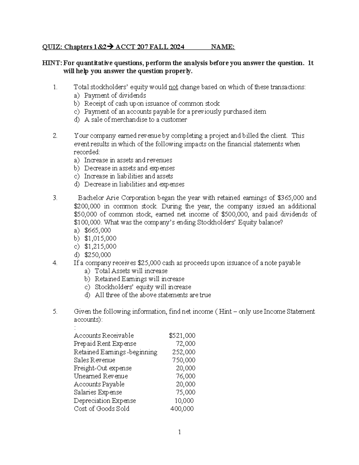 QUIZ: ACCT 207 Chapters 1 & 2 Study Guide FALL 2024 - Studocu