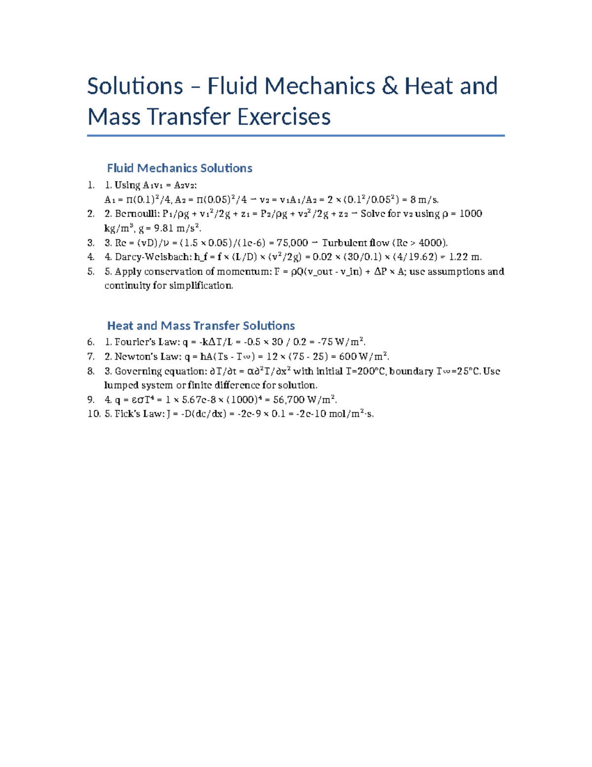 Solutions to Fluid Mechanics and Heat & Mass Transfer Exercises - Studocu