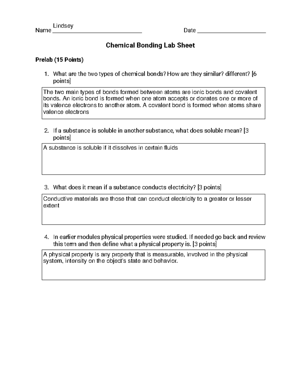 Chemical Bonding Lab Report: Types, Properties & Predictions - Studocu