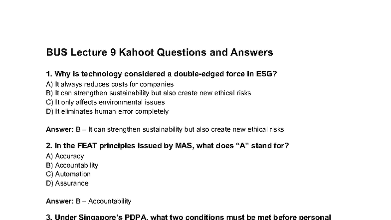 BUS 9 Lecture: Kahoot Q&A on ESG & AI Ethics Principles - Studocu