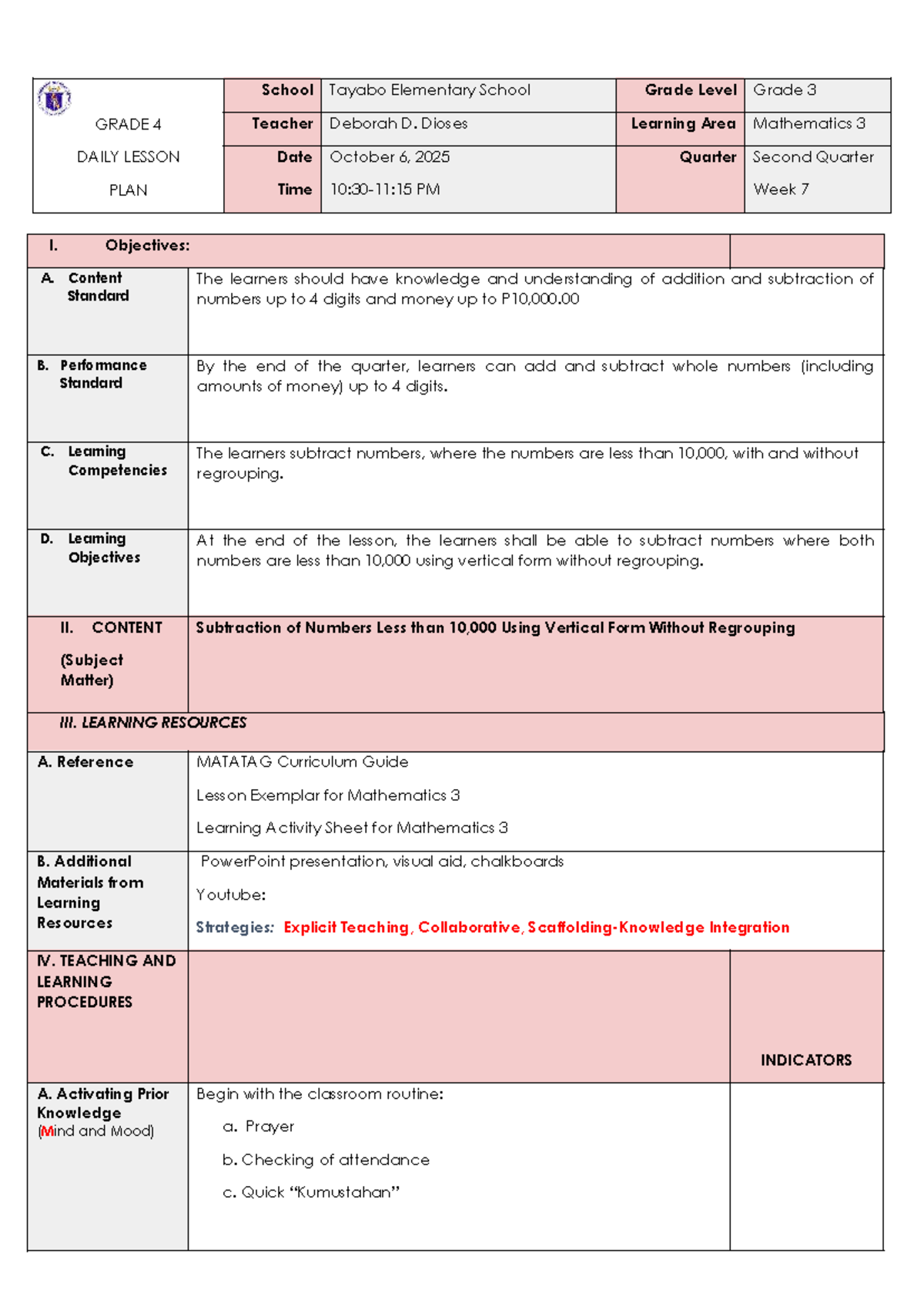DLP-Subtraction Lesson Plan for Grade 3 - October 6, 2025 - Studocu