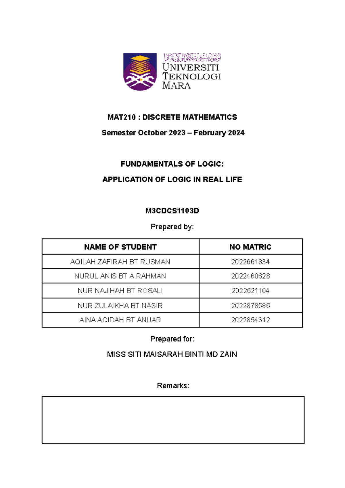 MAT210: Discrete Mathematics Final Report on Logic Applications - Studocu