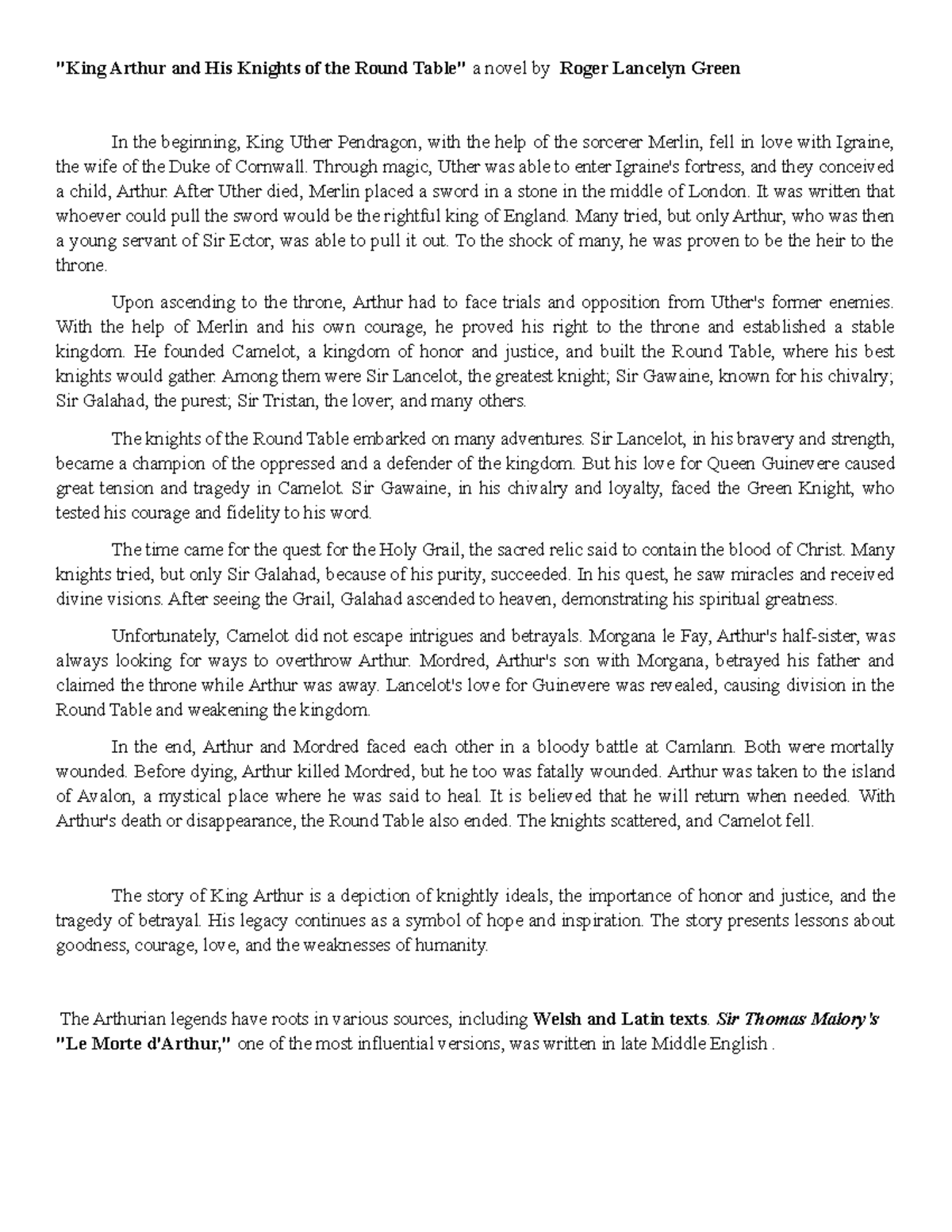 Arthur and His Knights of the Round Table: A Study Guide - Studocu