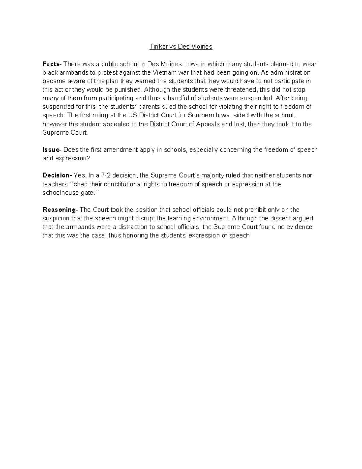 Tinker v. Des Moines Case Study: Students' Right to Free Speech - Studocu
