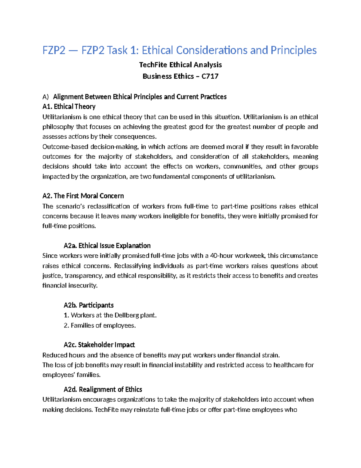 FZP2 Task 1: Ethical Dilemma Analysis in Business Ethics C717 - Studocu