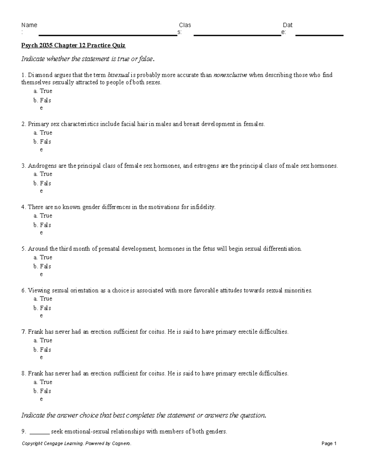 Psych 2035 Chapter 12 - True/False & Multiple Choice Quiz - Studocu