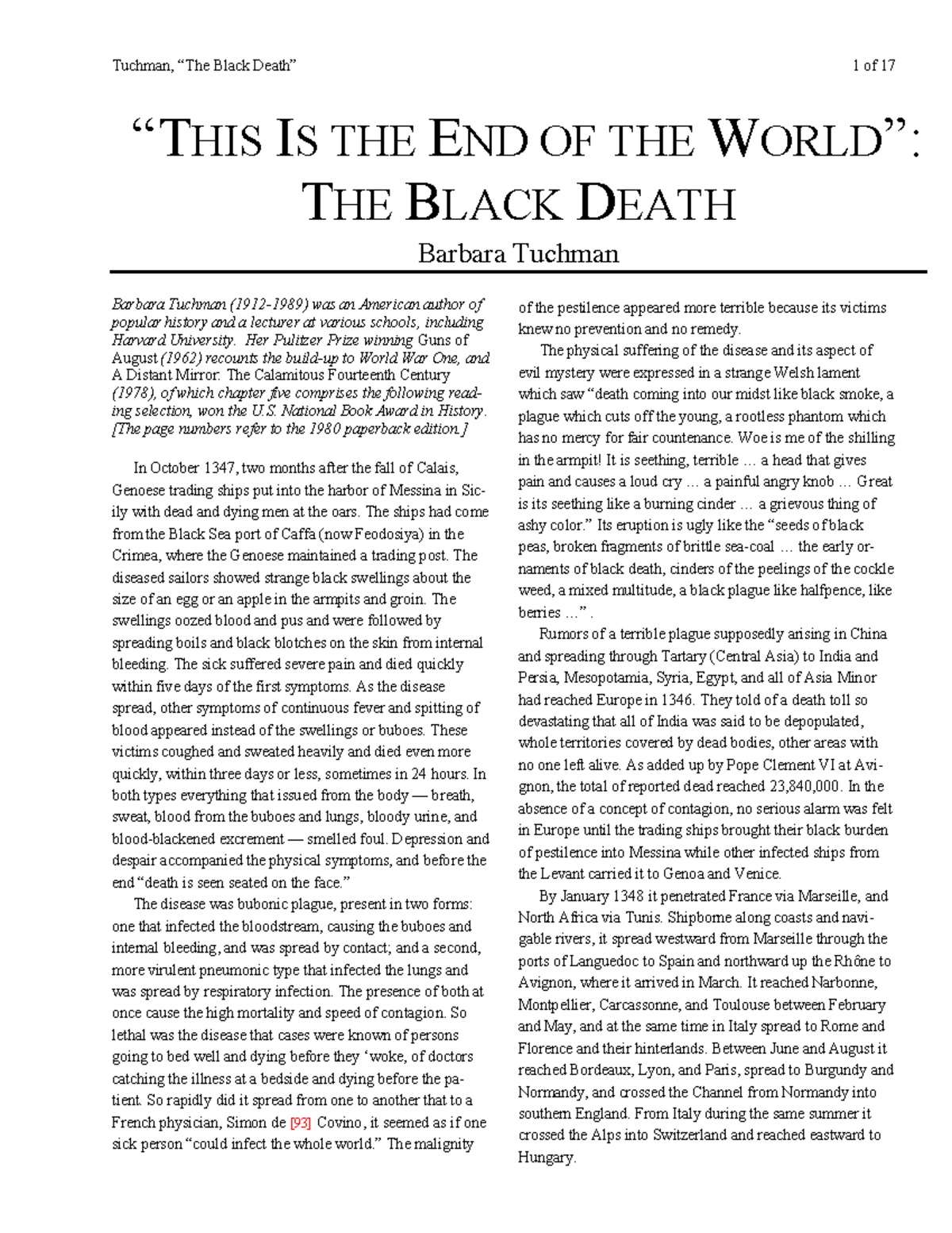 Tuchman, Black: The Impact of the Black Death on Europe - Studocu
