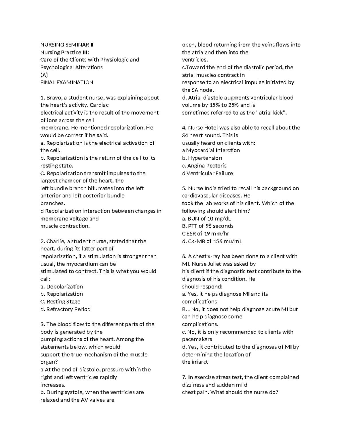 NP 3: Final Exam Review for Nursing Practice III - Physiological Focus ...