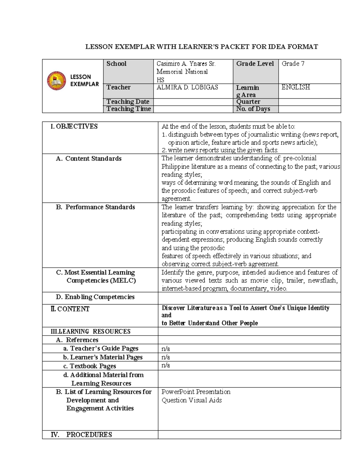 ENG 7: Lesson on Journalistic Writing Types with Learner's Packet - Studocu