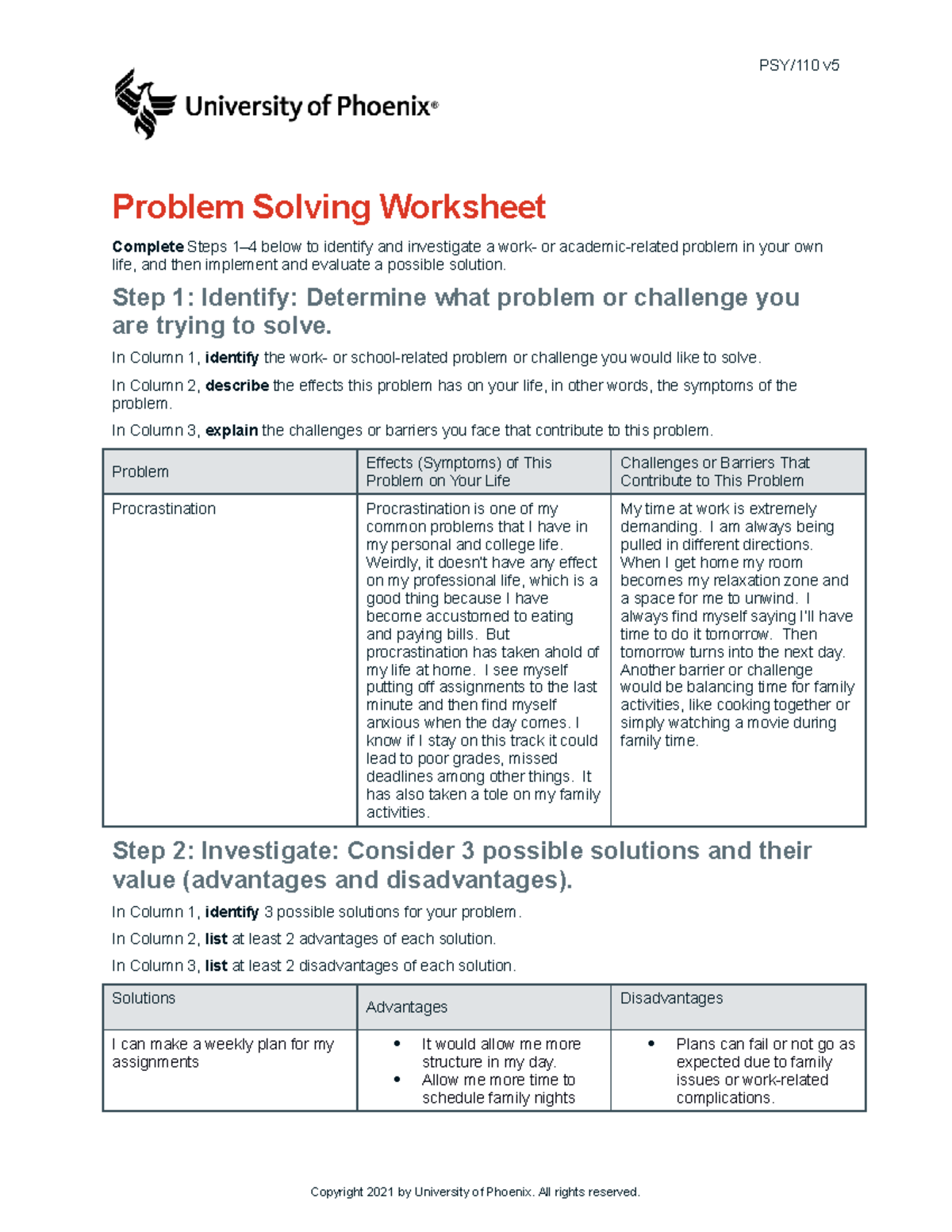 Psy110 wk4 problem solving worksheet - PSY/110 v Problem Solving Worksheet Complete Steps 1–4 ...