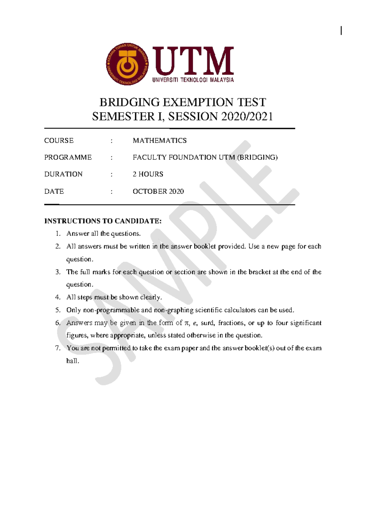 Pre Bridging Exemption Test - Mathematics UTM Semester I - Studocu