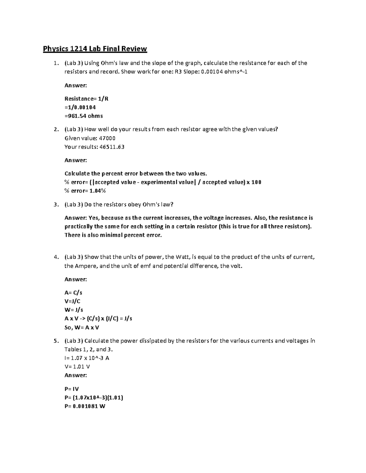 Physics 1214 Lab Final Review: Key Concepts and Calculations - Studocu