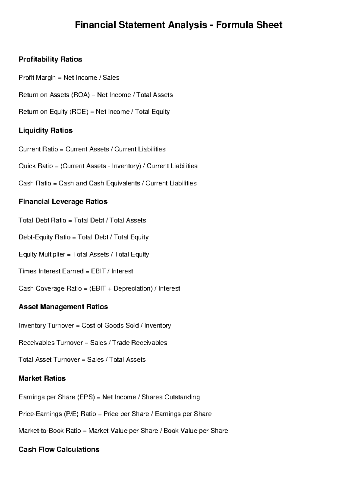 Formula Sheet Financial Analysis New - Financial Statement Analysis ...