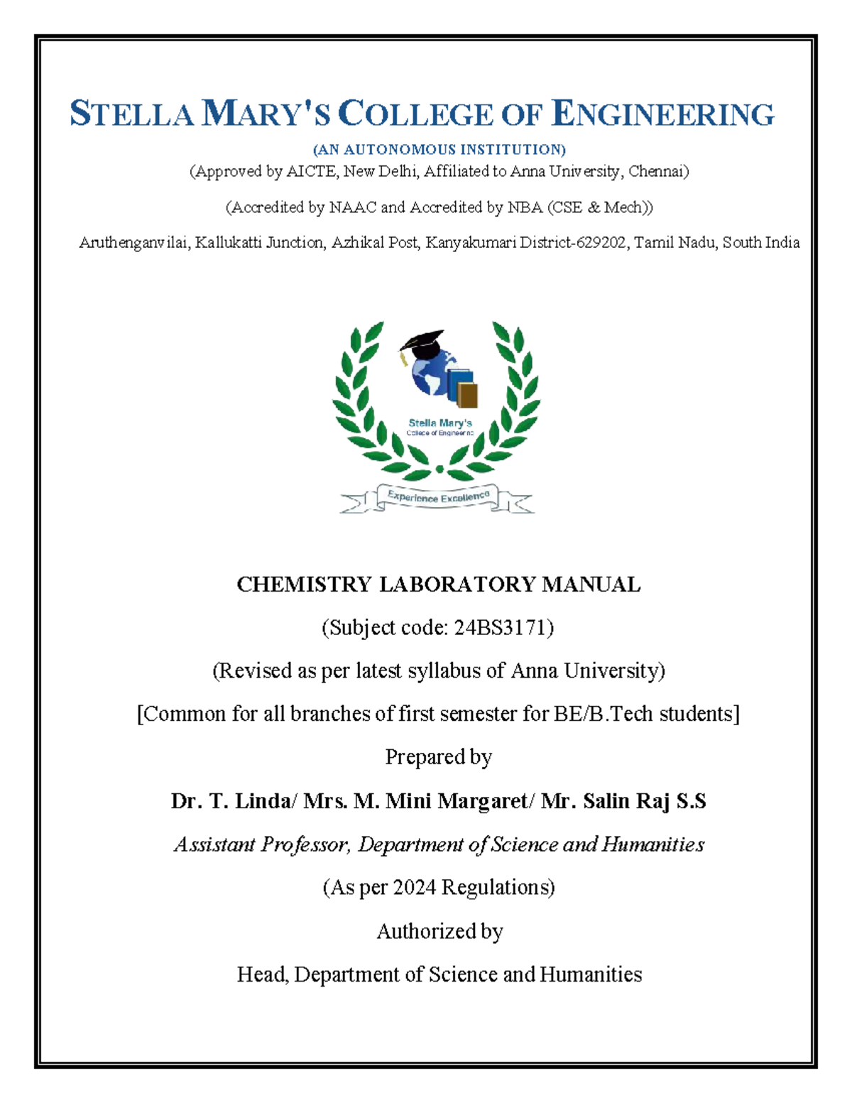 Chemistry Lab Manual (24BS3171) for AI&DS-B Students - Studocu