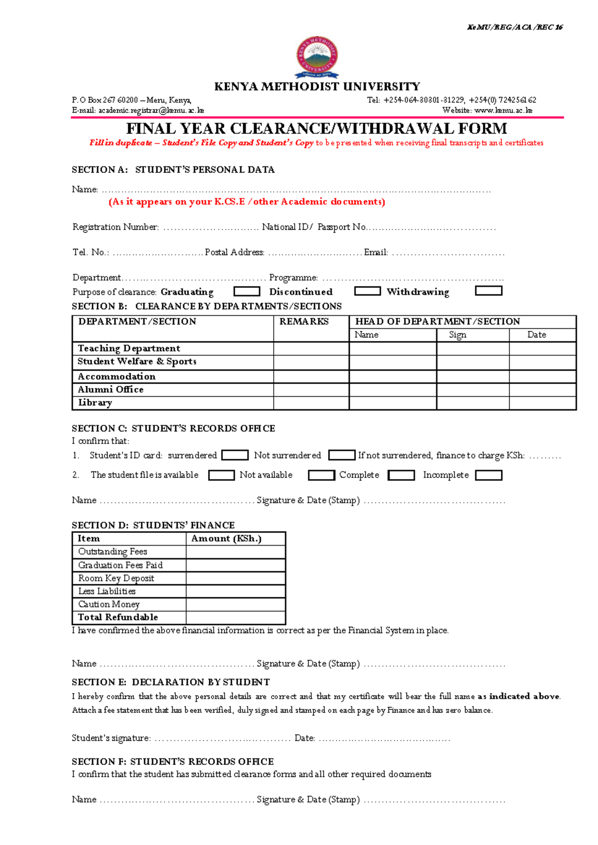 Final Year Clearance Form - KENYA METHODIST UNIVERSITY - Studocu