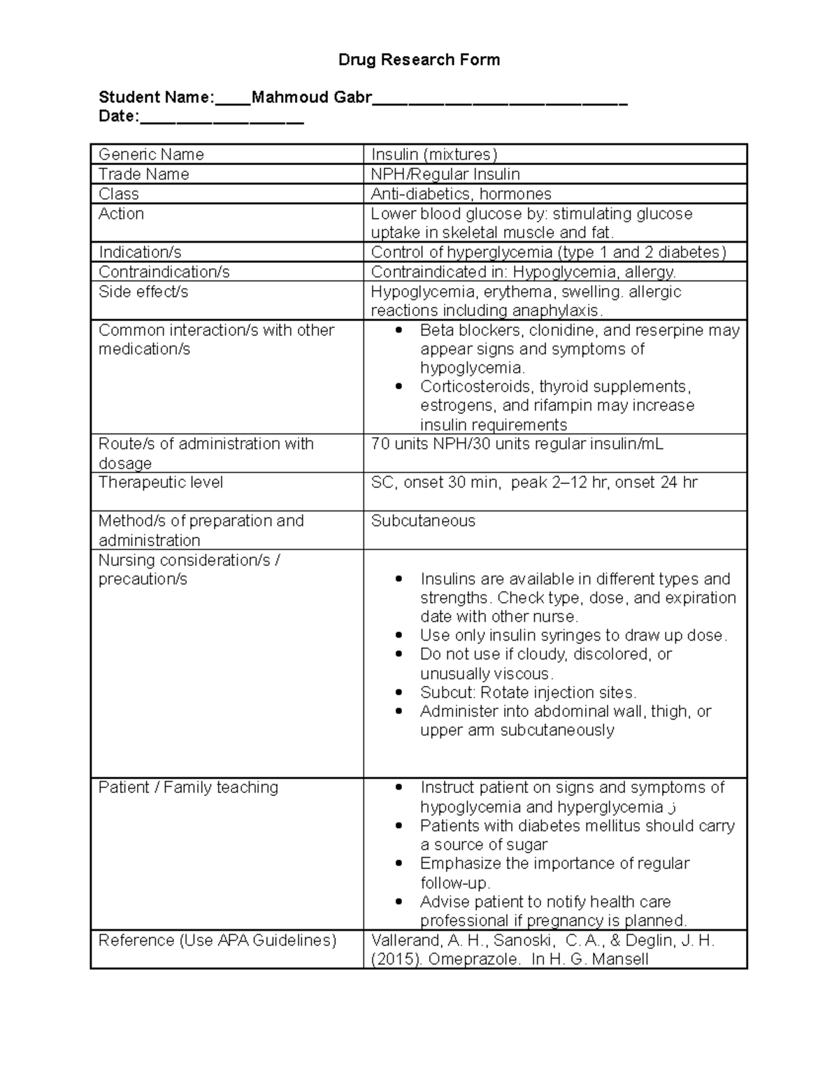 Insulin Drug Research Form - NPH/Regular Insulin Overview - Studocu
