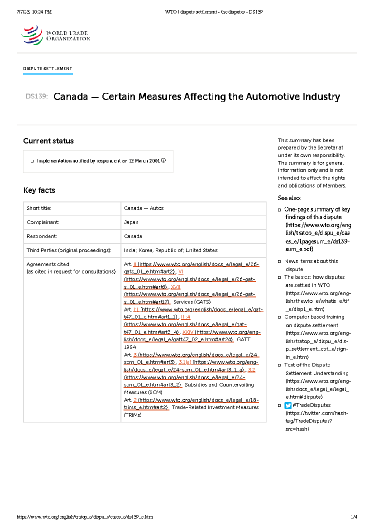 WTO Dispute DS139: Canada - Automotive Industry Measures Overview - Studocu