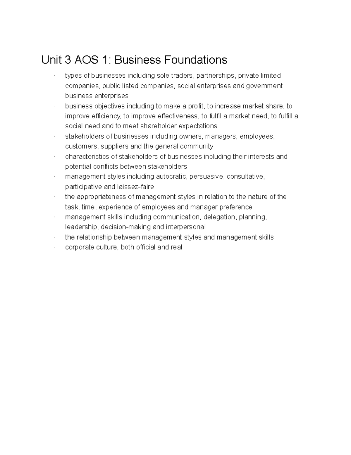 Unit 3 AOS 1: Business Foundations - Types, Objectives, and Management ...