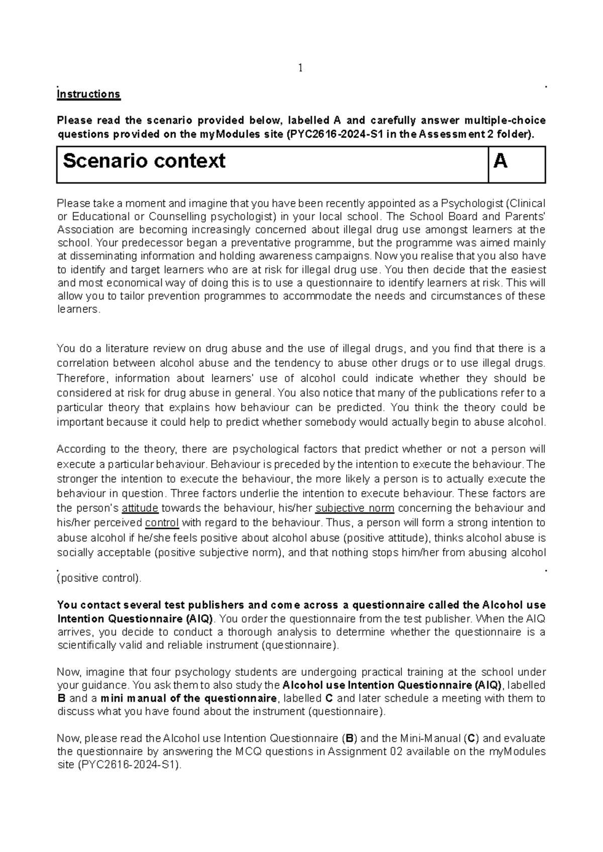 PYC2616 2024 Assignment 2: Alcohol Use Intention Questionnaire Scenario ...