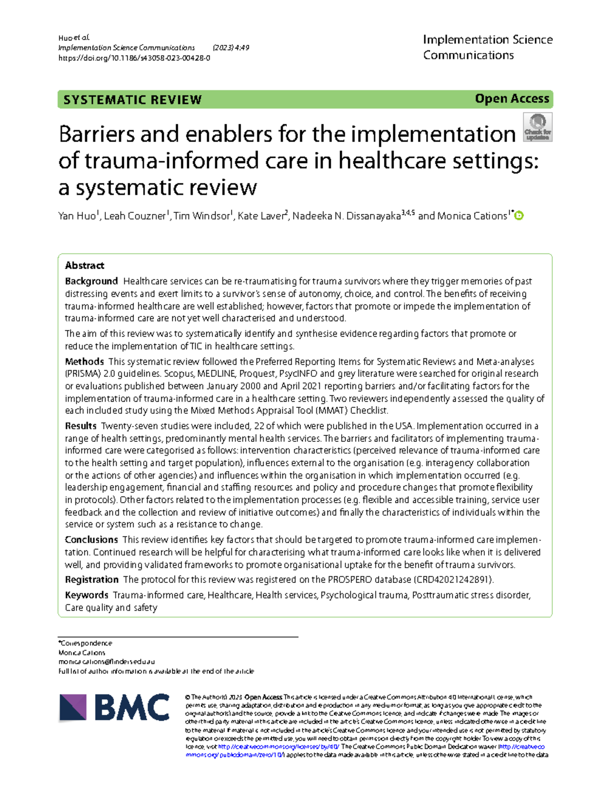 Barriers and Enablers in Trauma-Informed Care: A Systematic Review (Huo ...