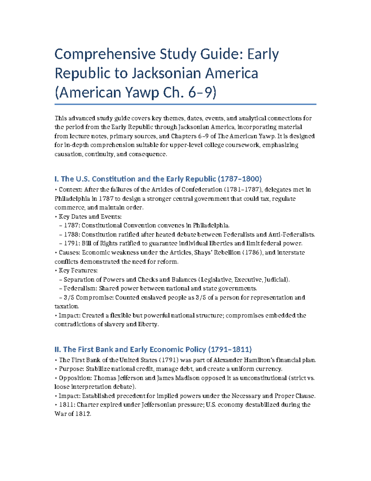 Advanced Study Guide: Early Republic to Jacksonian America (Ch. 6-9 ...
