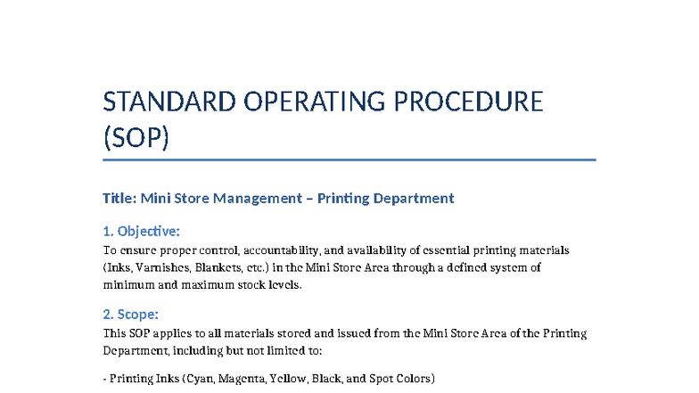 Mini Store SOP for Printing Dept: Material Control & Management - Studocu