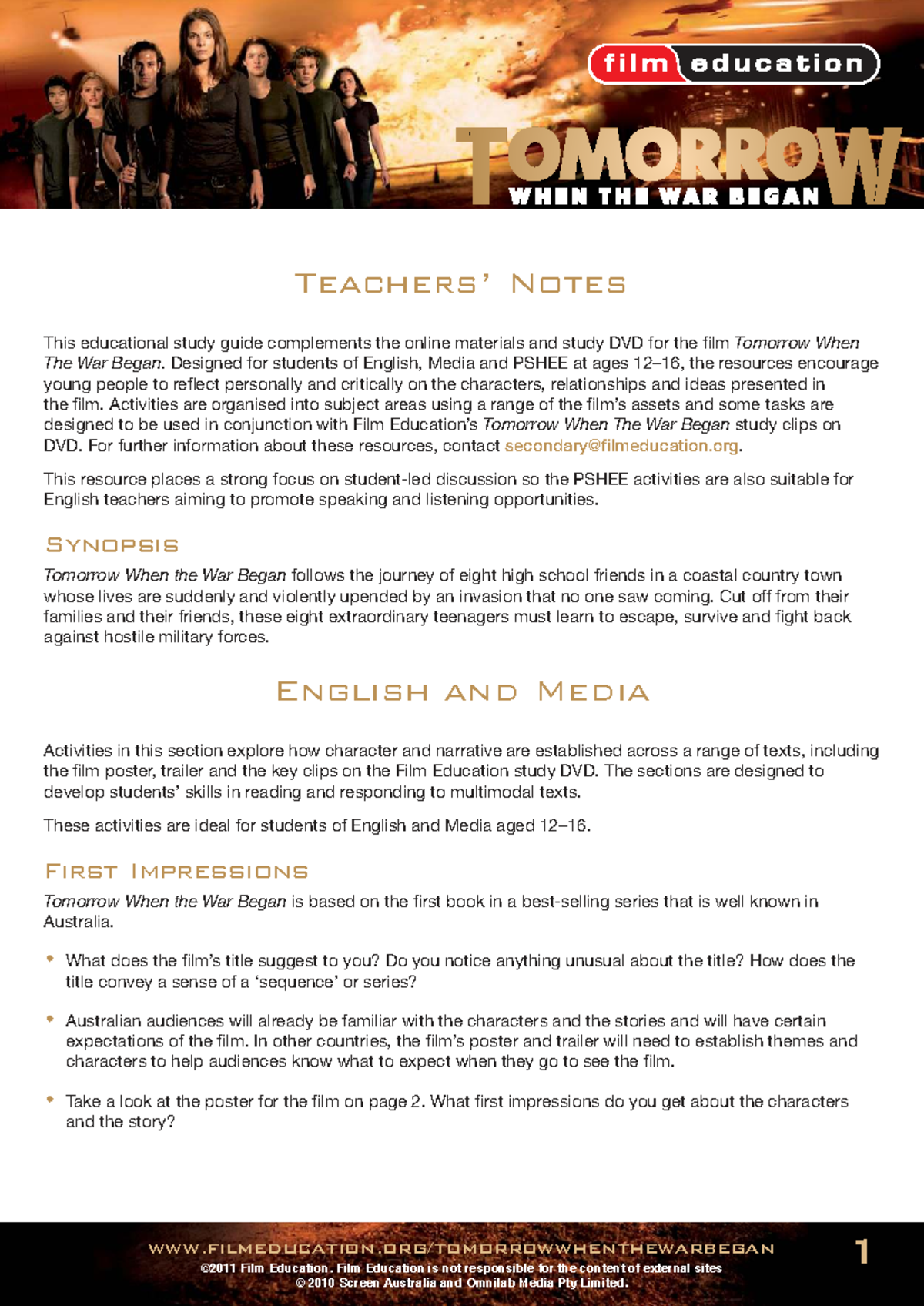 Tomorrow When The War Began (WTWB) Film Study Guide - Studocu