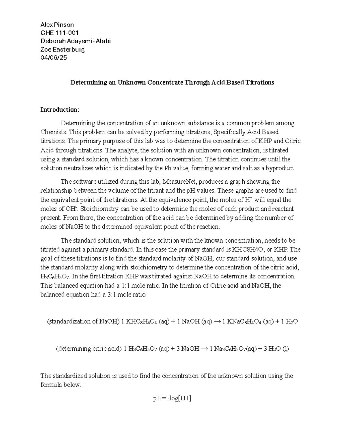 CHE Lab 7: Determining Unknown Concentration via Acid-Base Titrations ...