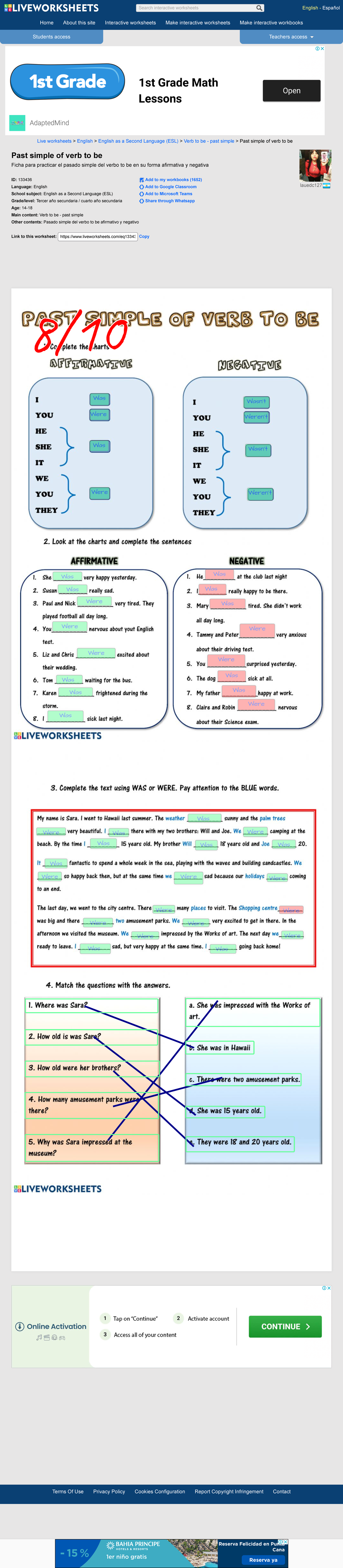 Past Simple of Verb "To Be" - ESL Interactive Worksheet - Studocu