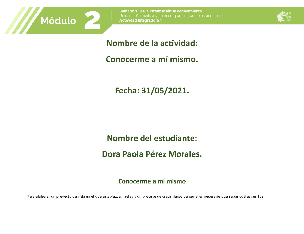 Conociéndome A Mí Mismo Actividad Integradora 1 Módulo 2 Semana 1