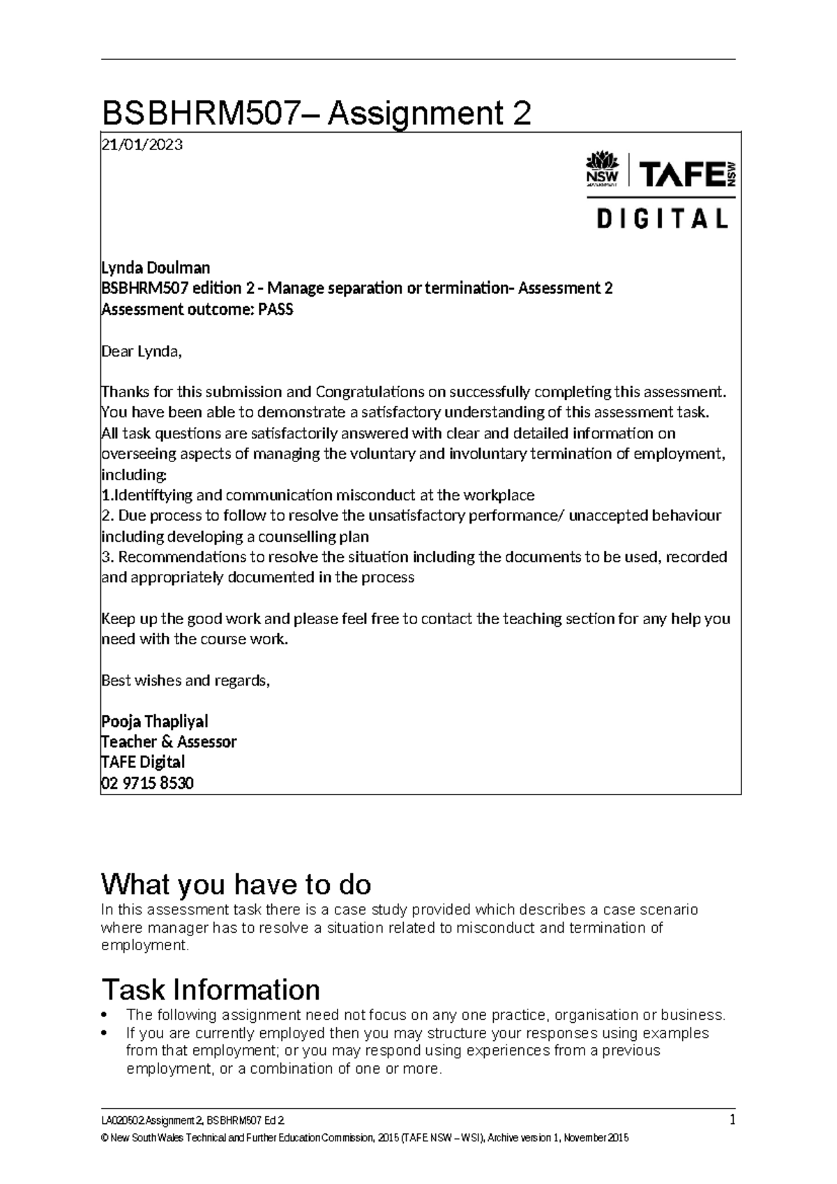 Assessment 2 Feedback: Managing Employee Separation - BSBHRM507 Ed 2 ...