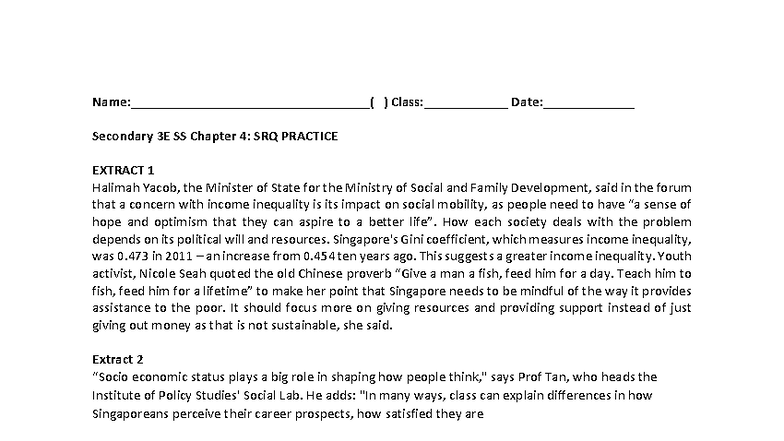 Secondary 3E SS Chapter 4: SRQ Practice on Income Inequality - Studocu