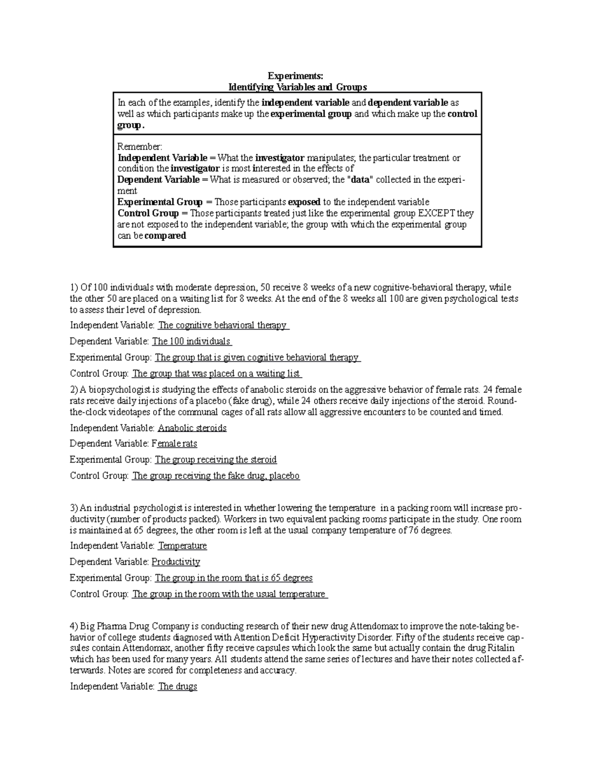 Chapter 1- Homework - Experiments: Identifying Variables and Groups In ...