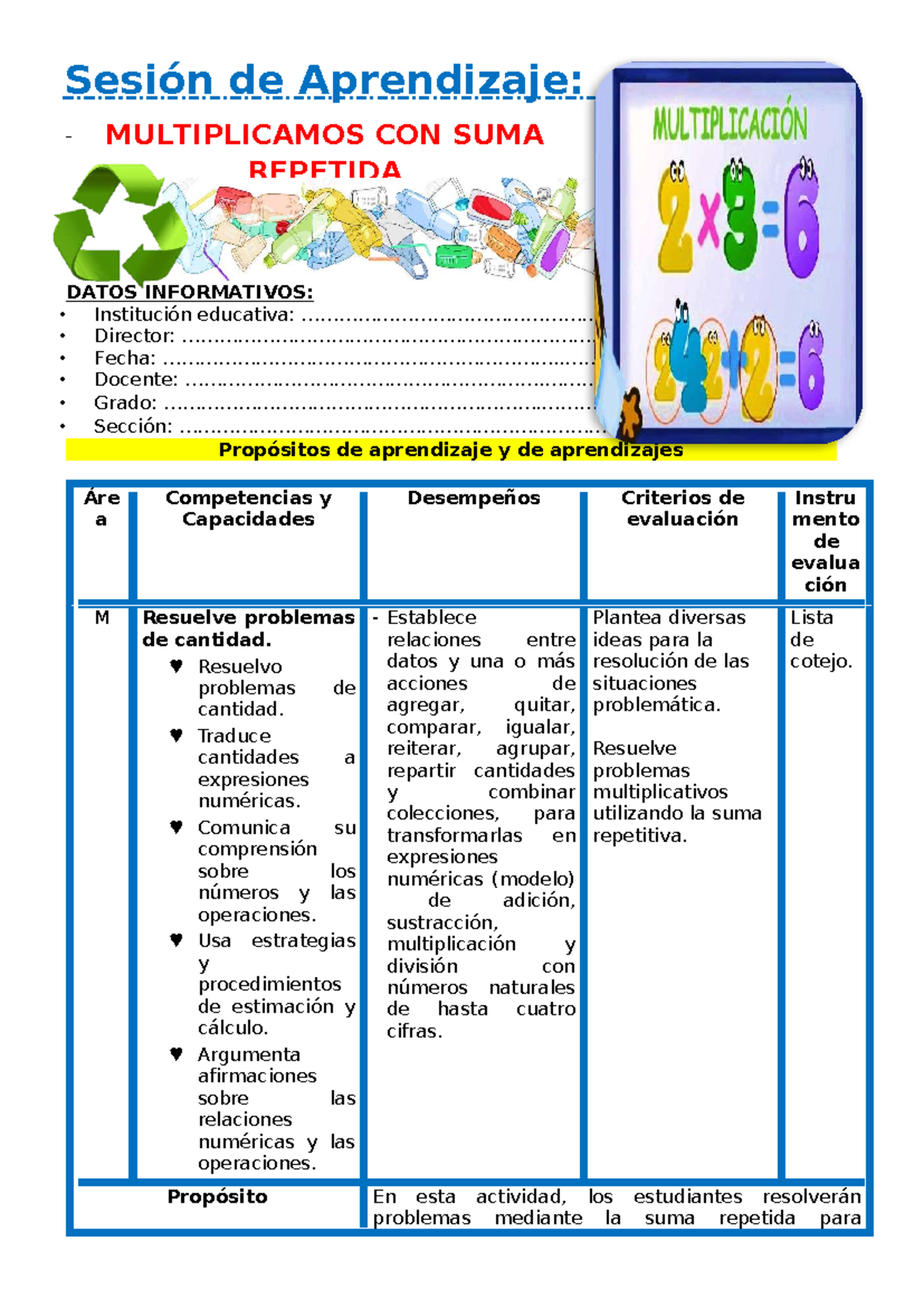 3° Sesión MAT: Multiplicación a Través de Suma Repetida - Studocu