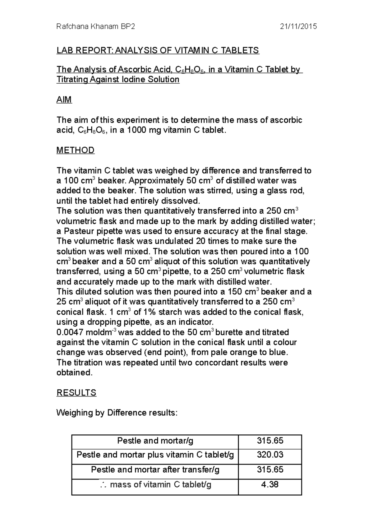 Vitamin C Tablet Analysis Lab Report (Ascorbic Acid Titration) - Studocu