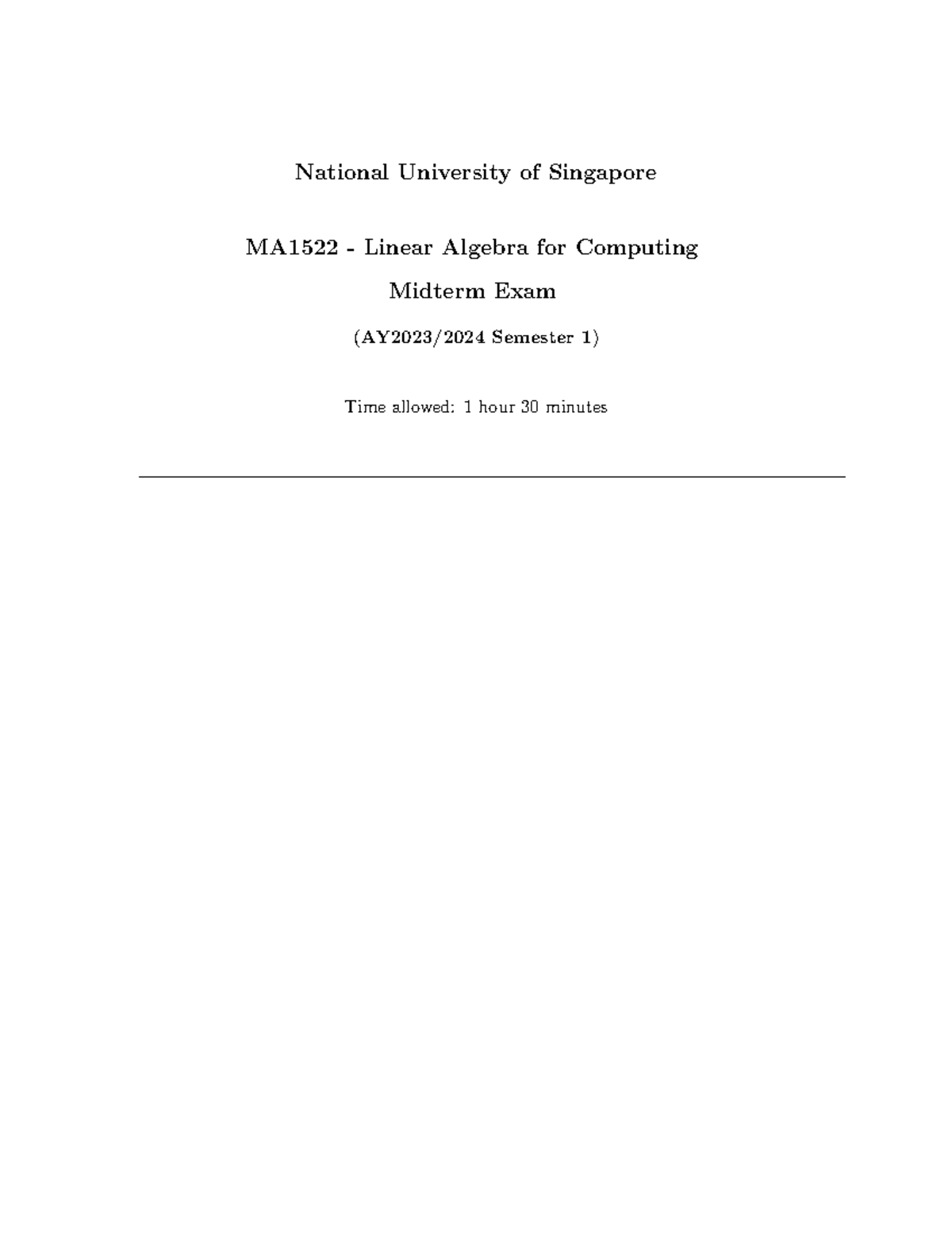 MA1522 AY2324Sem1 Midterm Exam Solution - National University of Singapore MA1522 - Linear ...