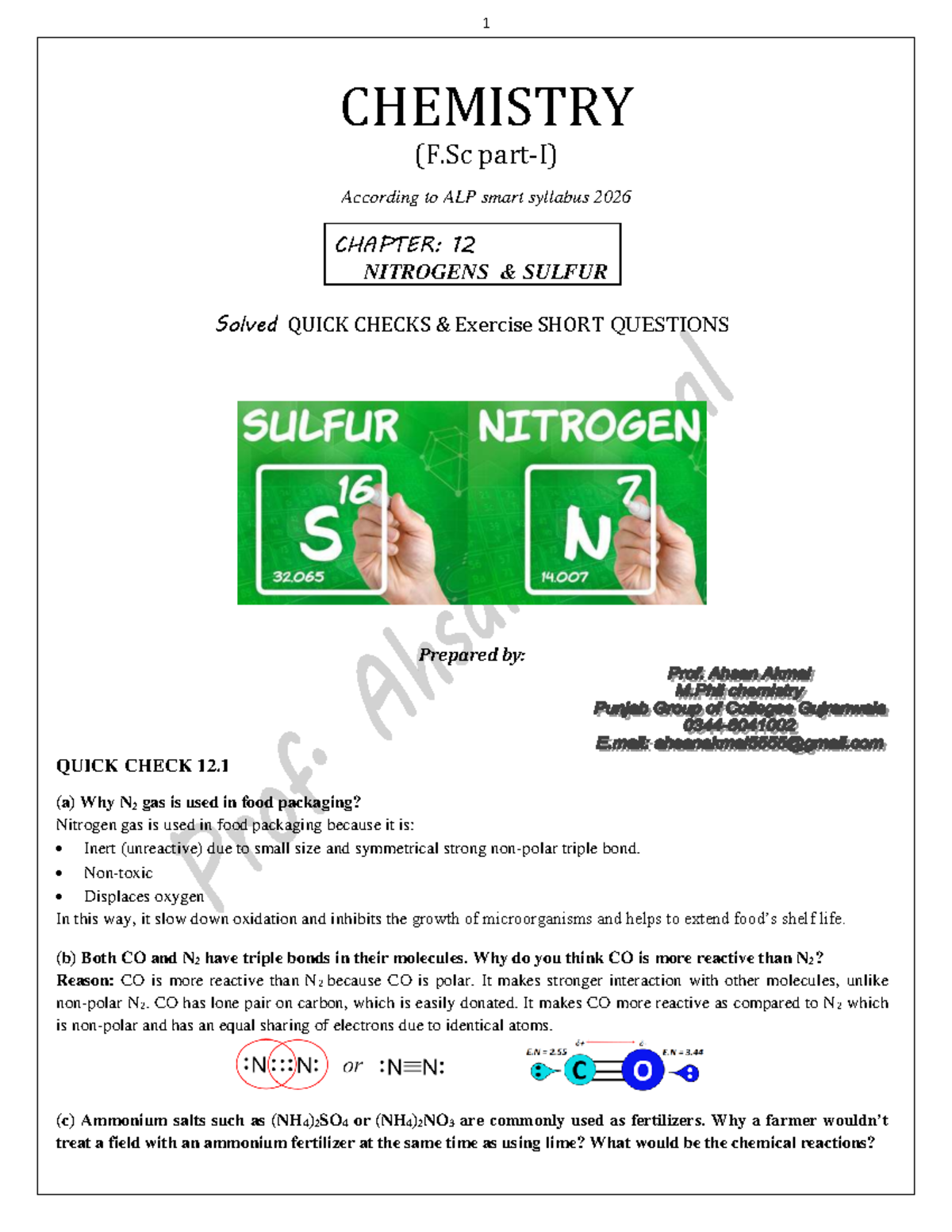 Chapter 12: Nitrogen & Sulfur - Solved Quick Checks (F.Sc ALP Syllabus ...
