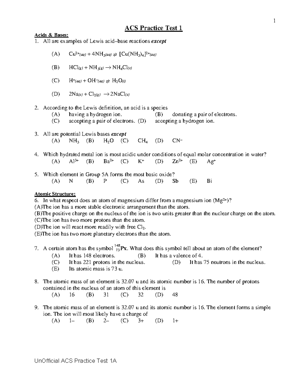 ACS Chem 1 Practice Test Review & Answer Key - Studocu