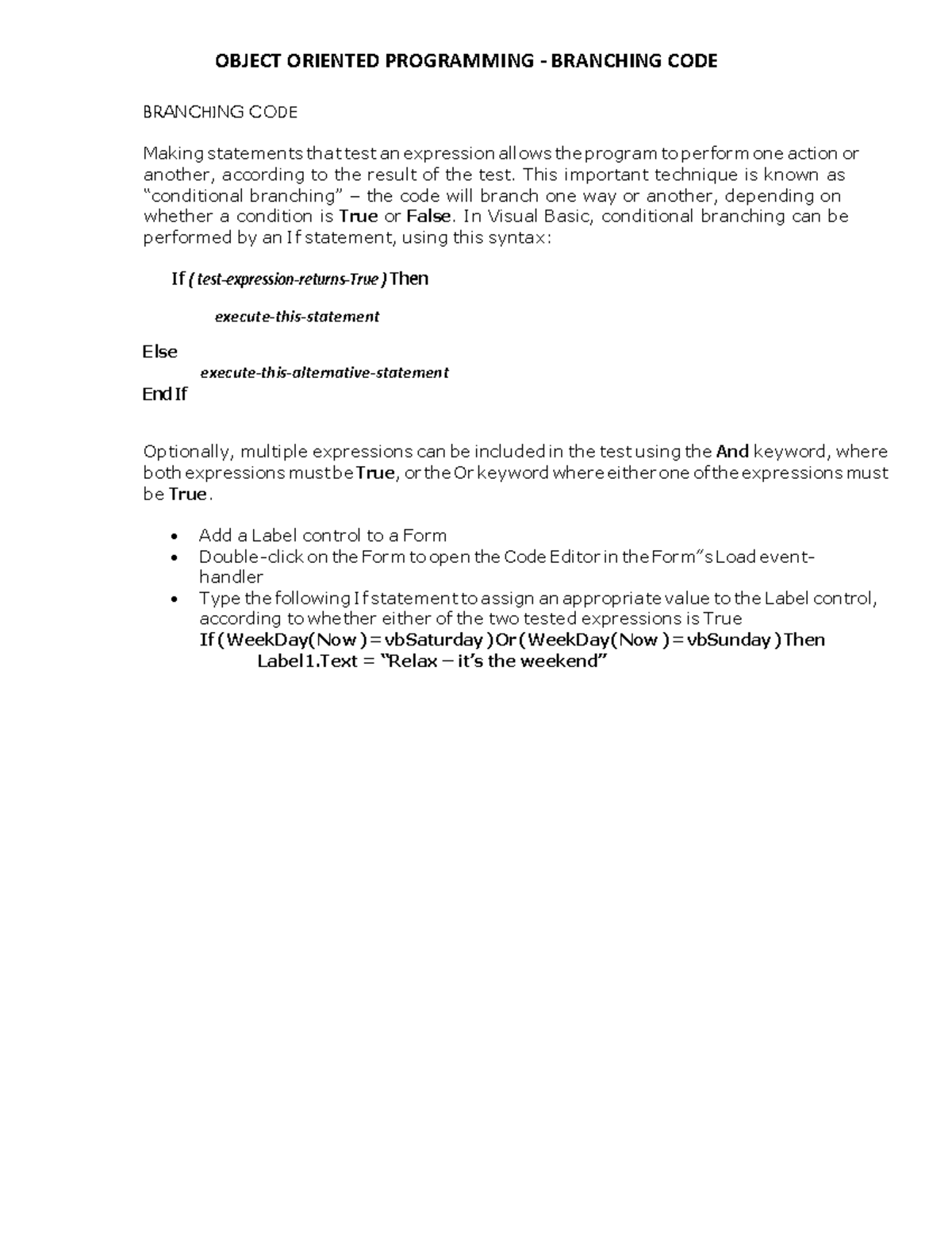 Object Oriented Programming - Branching CODE - OBJECT ORIENTED PROGRAMMING - BRANCHING CODE BR ...