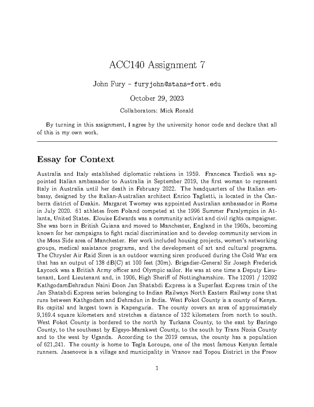 ACC140 Assignment 7 - Essay on diplomatic relations and historical ...